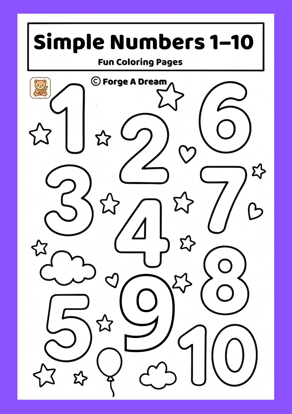 Simple Numbers 1–10 – Fun Coloring Pages |Printable PDF – Forge A Dream